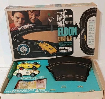 Vintage Eldon Lane Change Banked Curve Slot Car Set Complete See ...