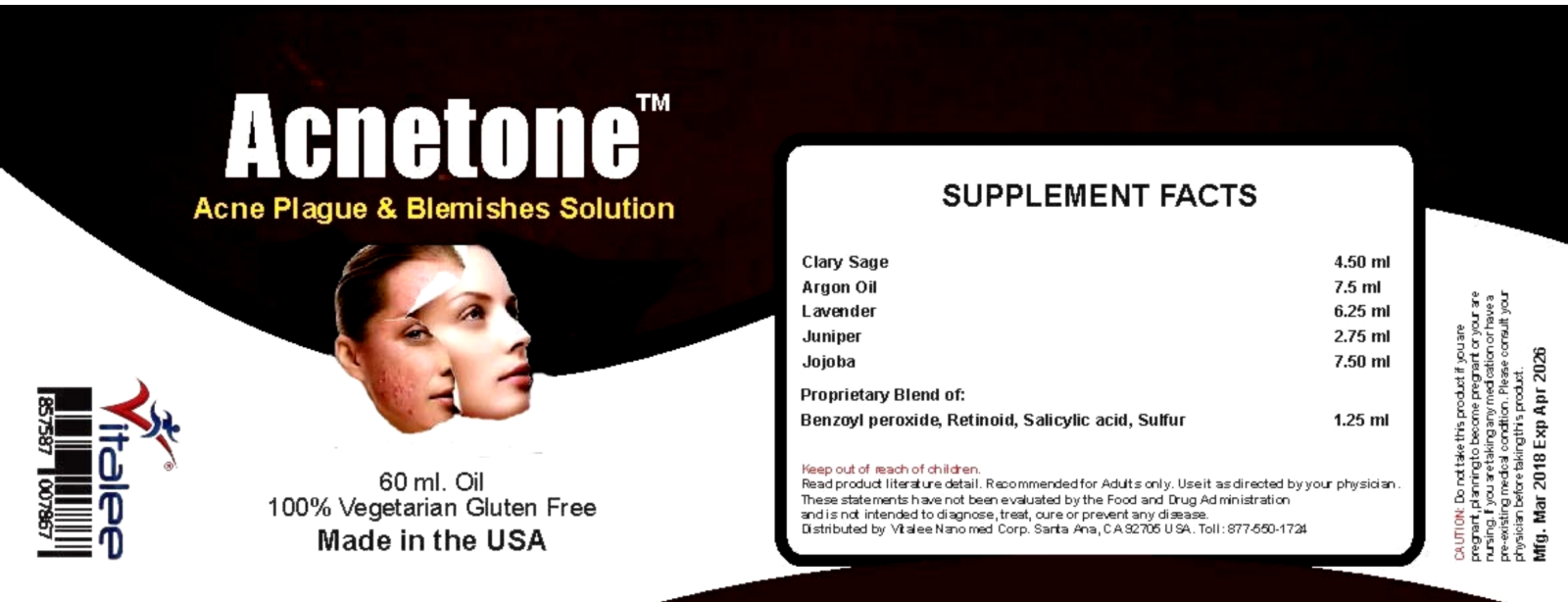 Acnetone-Vitalee Anti Acne inflammation & Blemish Non-Sticky Oil (30/60 ...