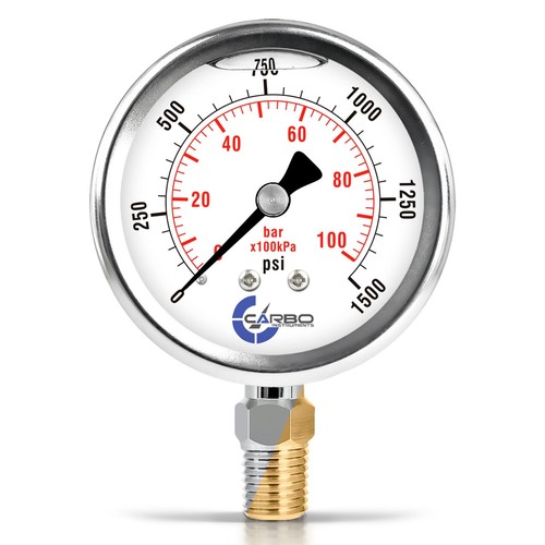 2-1/2" Pressure Gauge, Stainless Steel Case, Liquid Filled, Lower Mnt ...