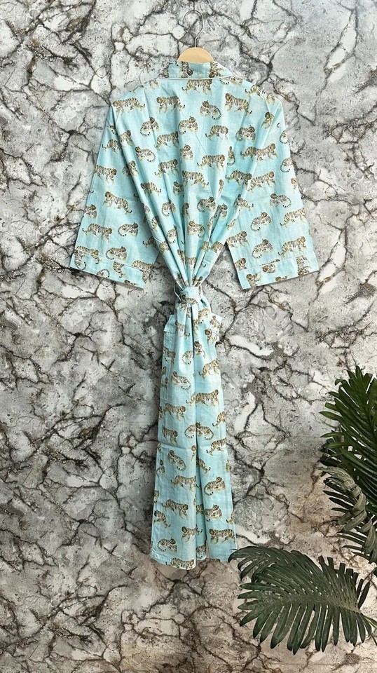 Cotton Robe Long Kimono Sleepwear Indian Sky Blue Tiger Print Night ...