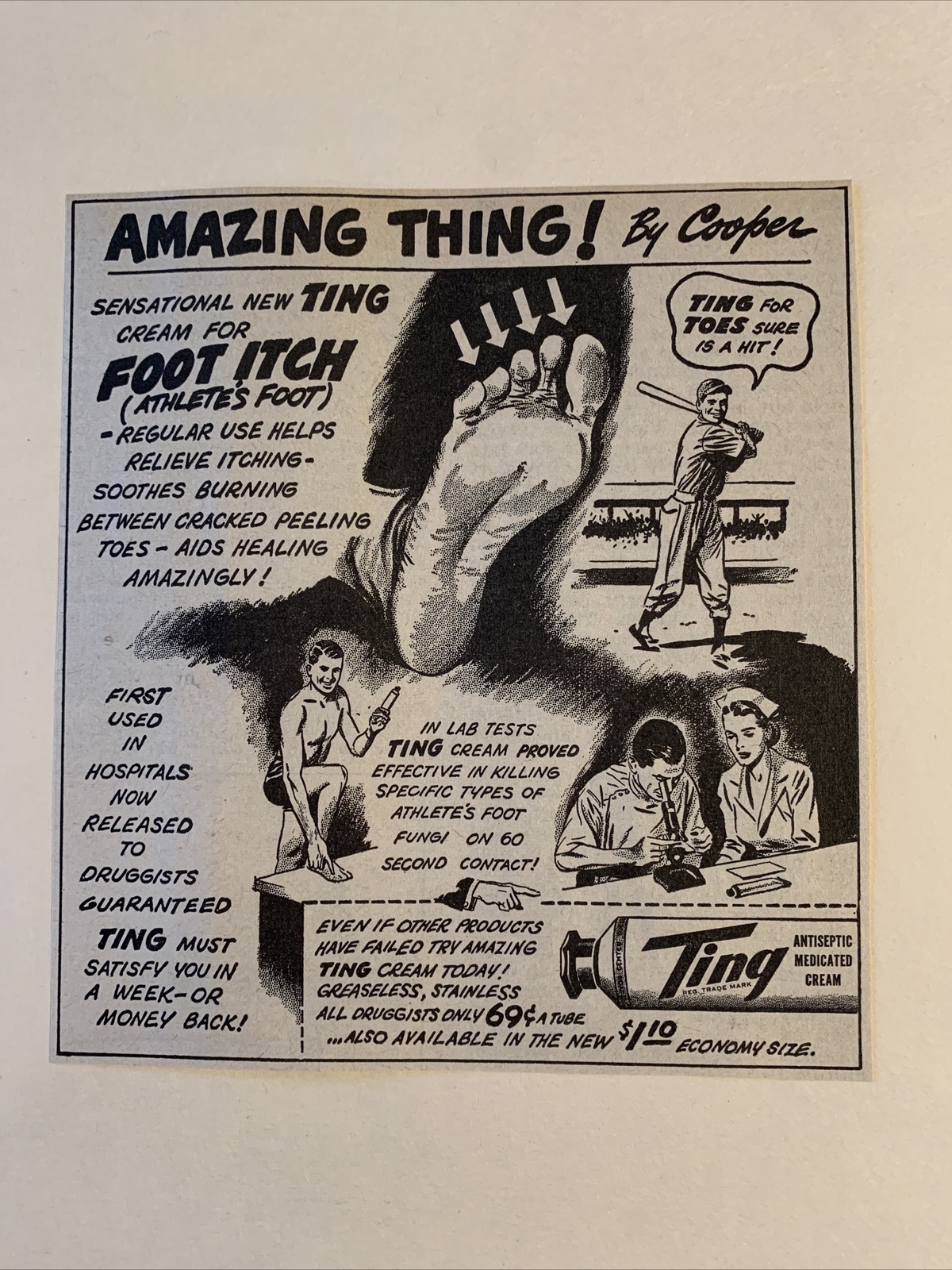 Ting Foot Itch Medicated Cream By Cooper 1954 SL 5X5 Baseball Ad | eBay