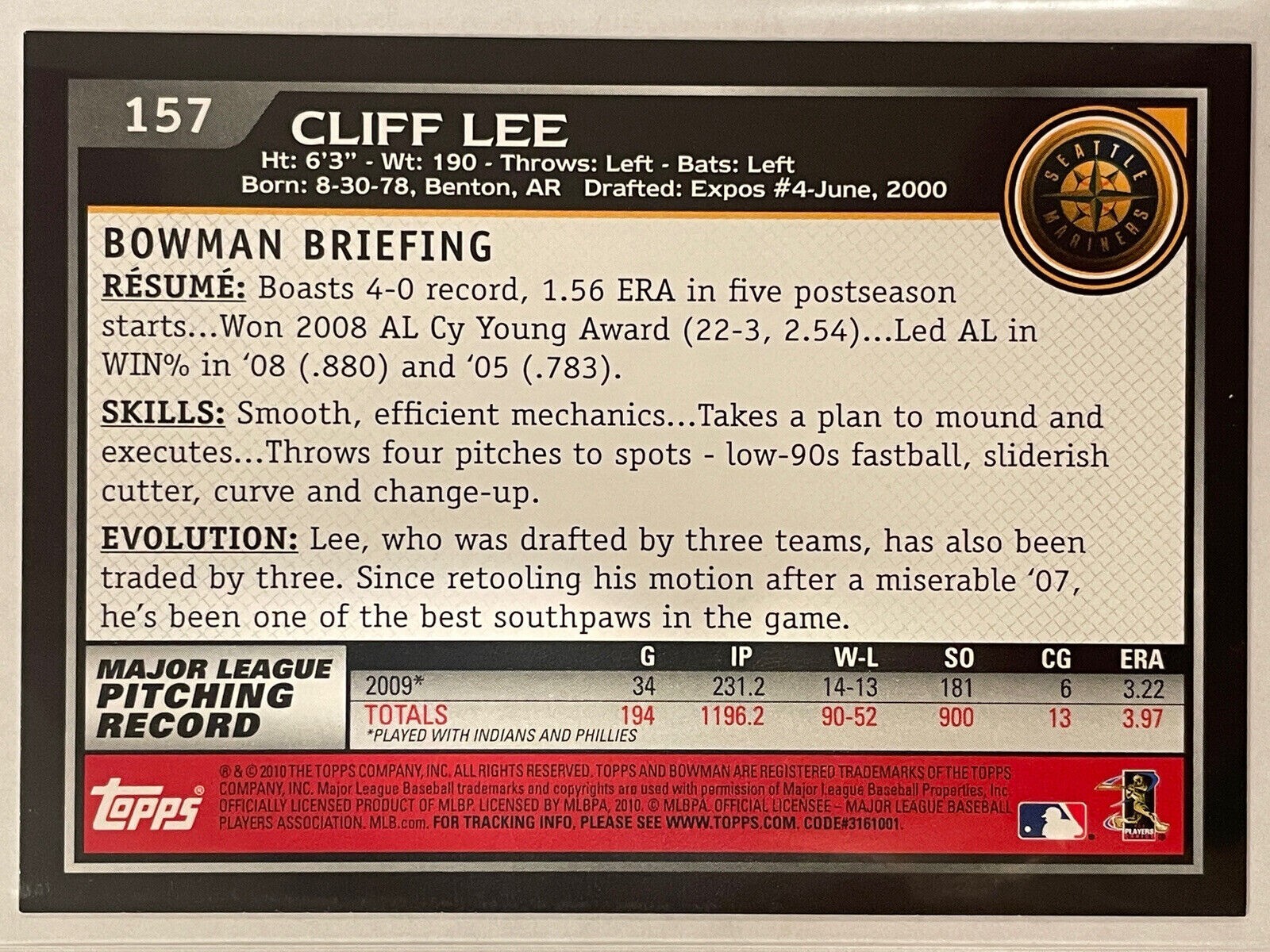 2010 Bowman Cliff Lee #157 Baseball Seattle Mariners | eBay