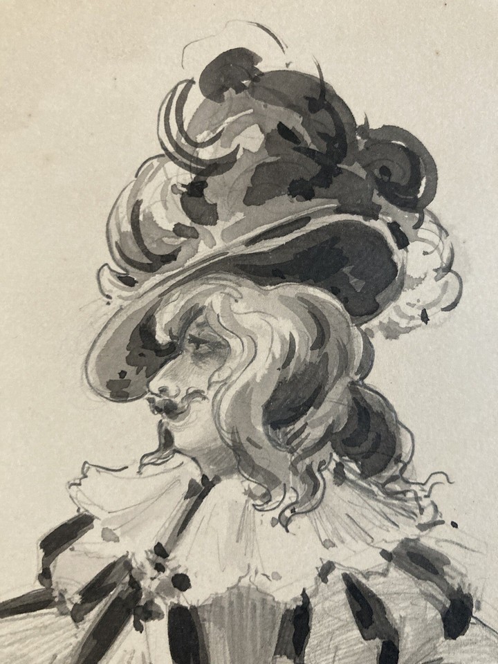 Very Beautiful Ink Drawing on Paper Character Hat Feather Man Art 1900 ...