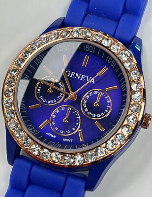 Geneva Blue Rose Colored Fashion Blue Rubber Band Quartz Ladies Watch ...