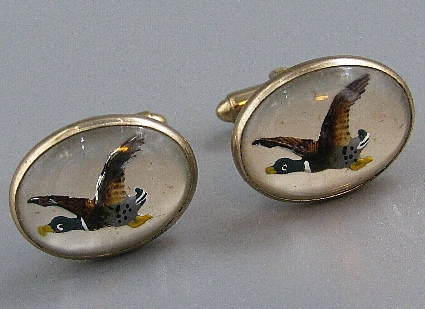 Mens Vintage CUFFLINKS Reverse Glass MALLARD DUCK Costume Jewelry O92 ...