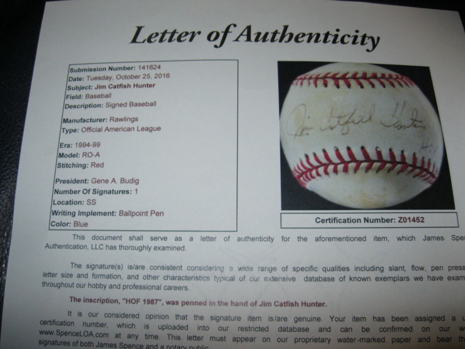 Jim Catfish Hunter Autographed Baseball JSA Certified HOF 1987 Rare ...