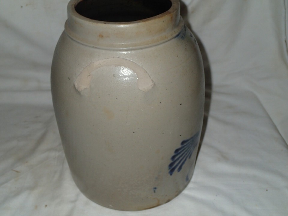 ANTIQUE PRIMITIVE USA STONEWARE BLUE BIRD CROCK WHITES UTICA N.Y. SALT ...