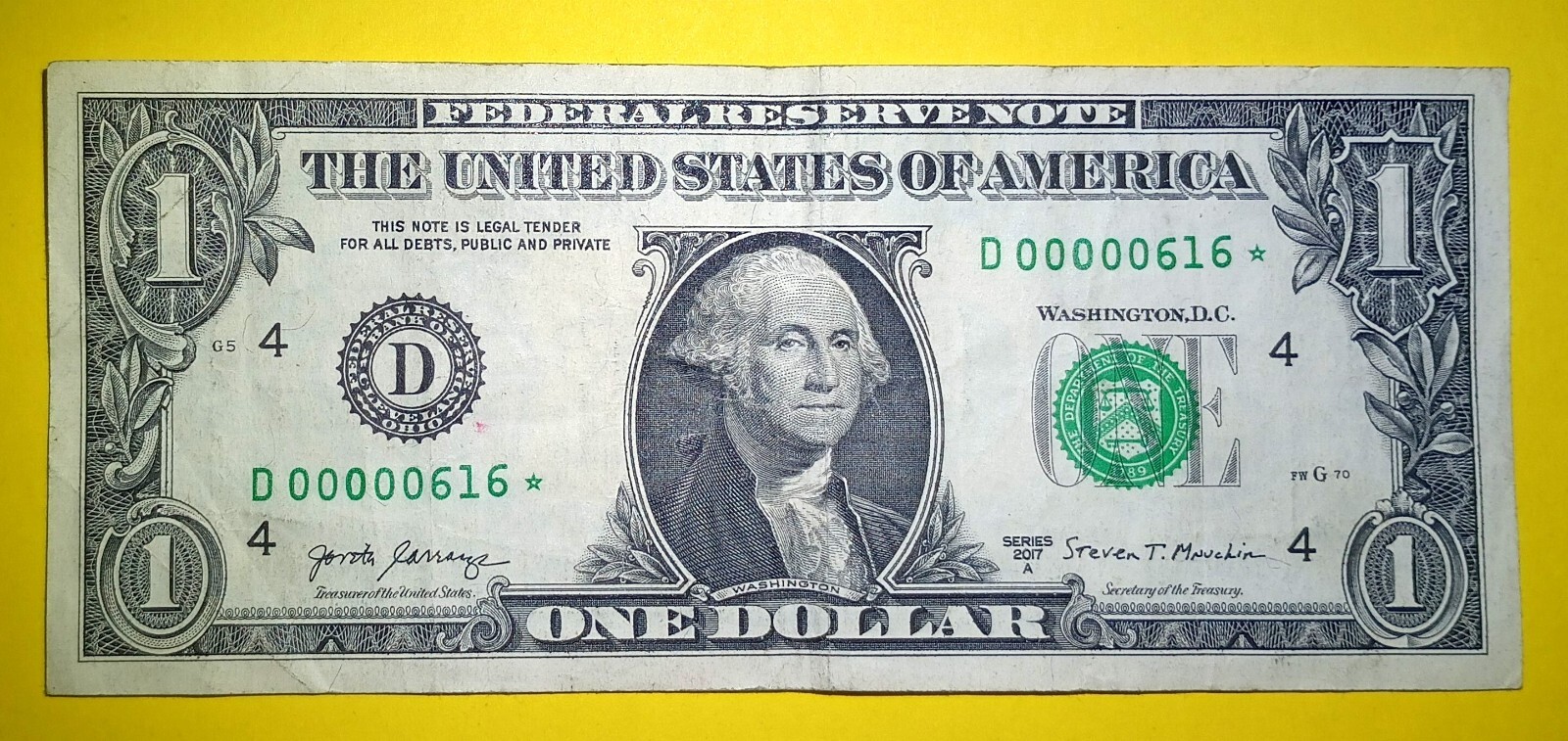 Low Fancy Serial Number 5 of a Kind Trinary Star Note $1 Bill 2017A ...