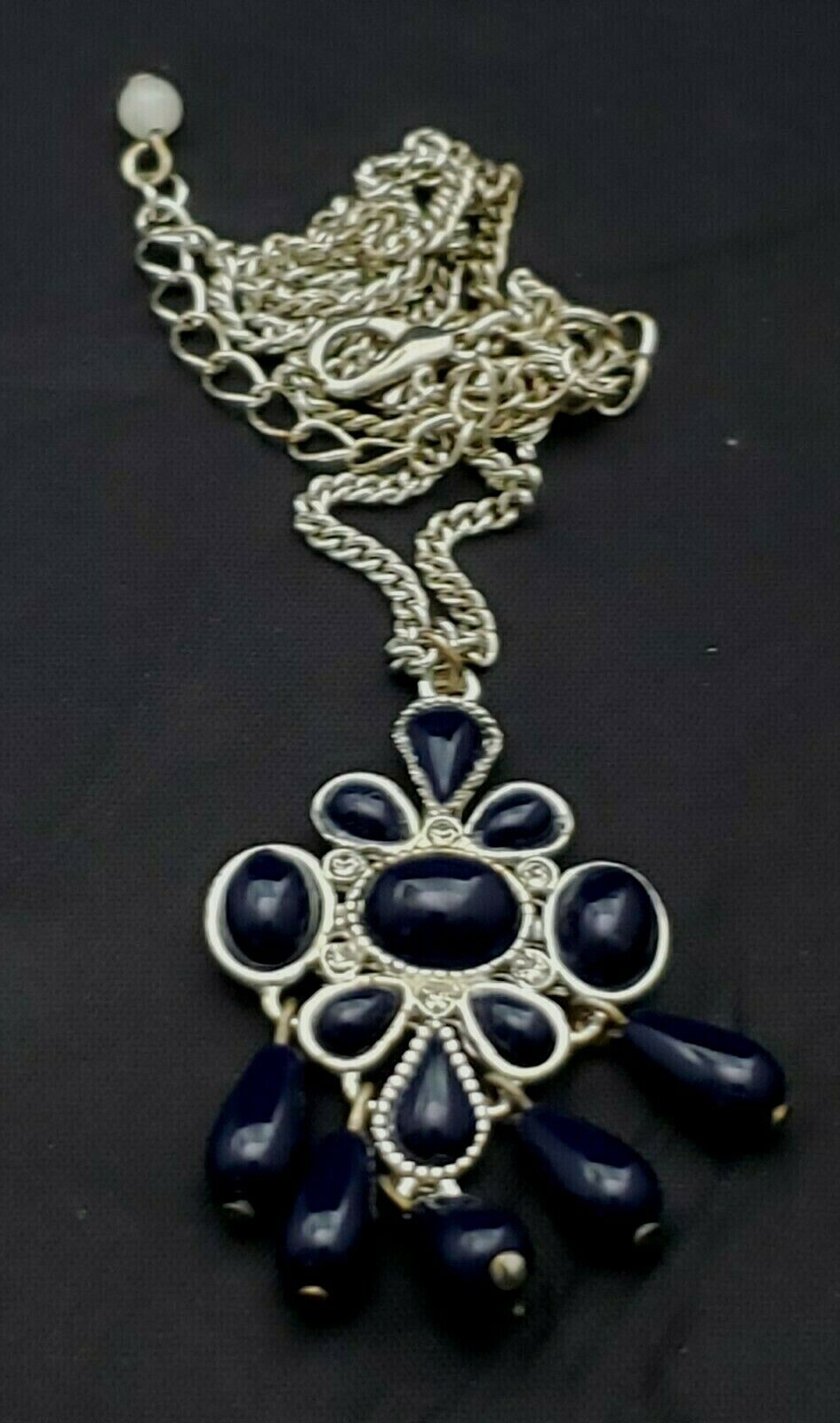 Navy Blue Bead Cabochon Pendant Necklace Rhinestones Silver Signed NWT ...