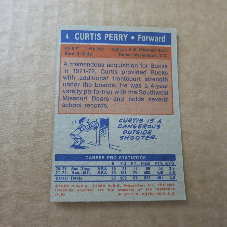 Curtis Perry RC 1972-73 Topps #4 Milwaukee Bucks S.W. Missouri State U ...