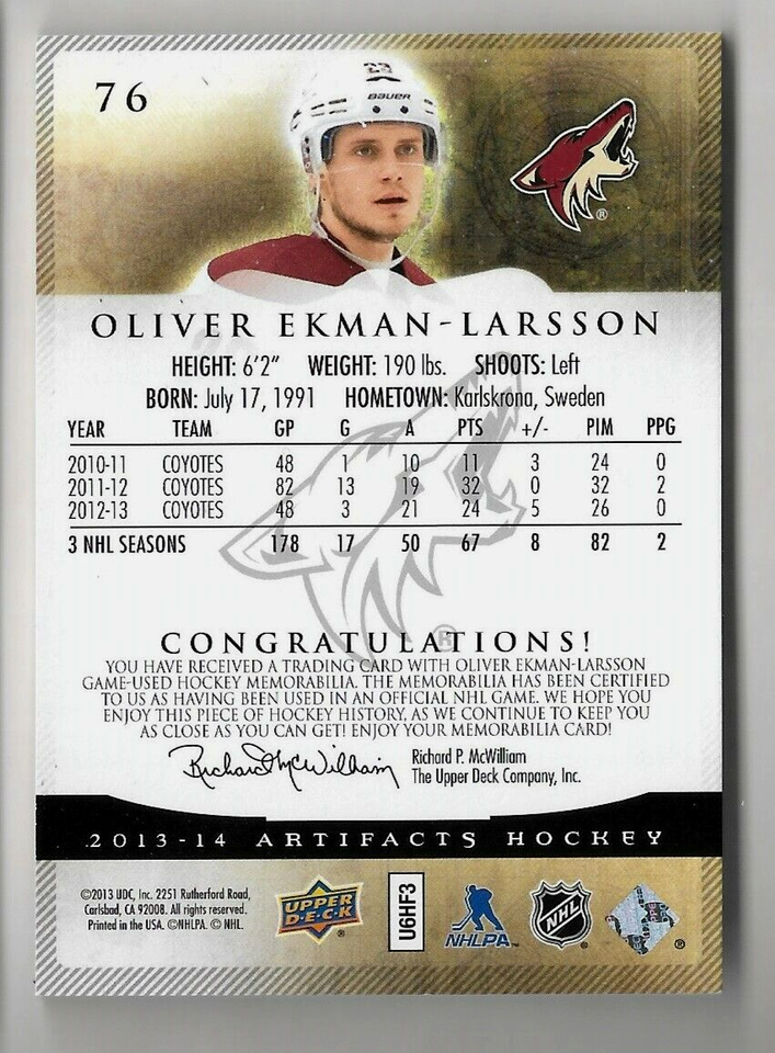 OLIVER EKMAN-LARSSON 2013-14 ARTIFACTS JERSEY PATCH EMERALD SP INSERT ...