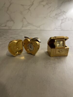 2 Vintage Mini Clocks: Golden Apple & Golden Treasure Box Timex ...
