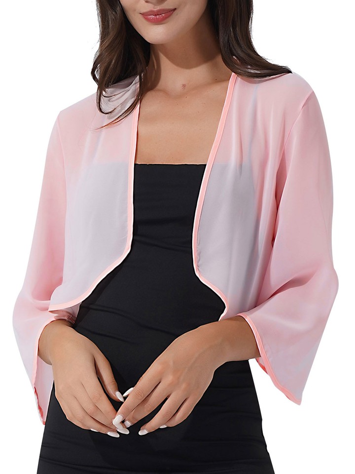 Women Chiffon Solid Bolero Shrug Jackets Open Front 3/4Sleeve Cropped ...