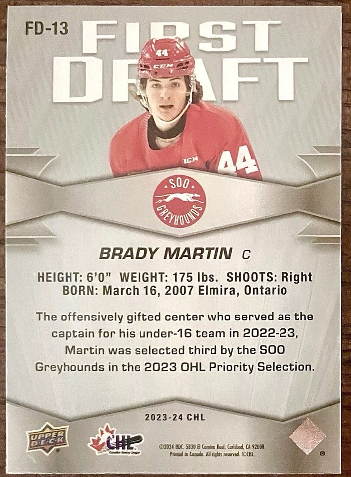 Brady Martin RC 2023-24 Upper Deck CHL First Draft #FD-13 -Nashville 2025 draft | eBay