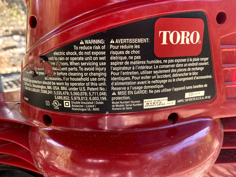 Toro Rake & Vac Electric (Corded) Leaf Blower Vacuum 120V 60Hz 10.5A ...