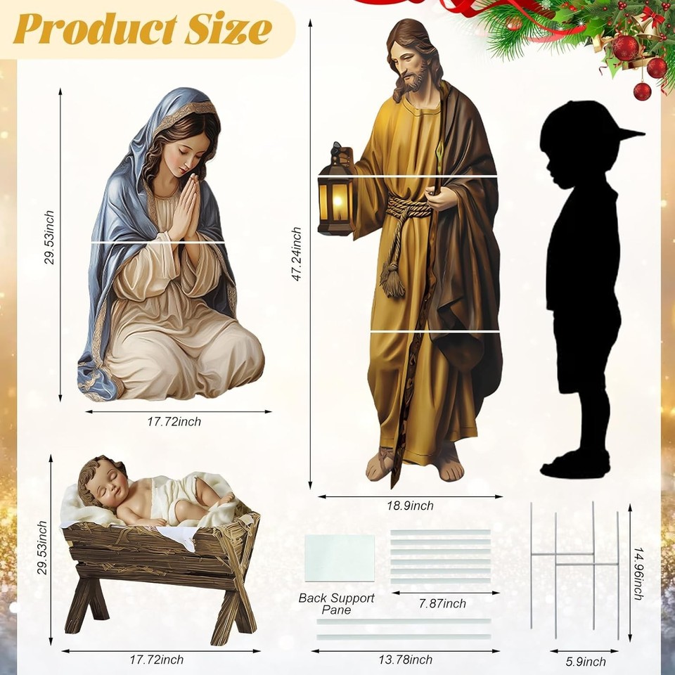 4 FT 3-Piece Outdoor Nativity Scene Yard Signs Holy Family Xmas Lawn ...