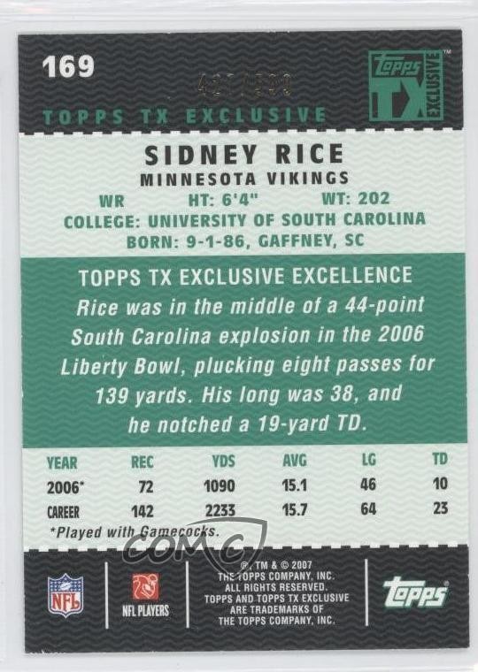 2007 Topps TX Exclusive 427/599 Sidney Rice #169 Rookie RC 0b0 | eBay UK