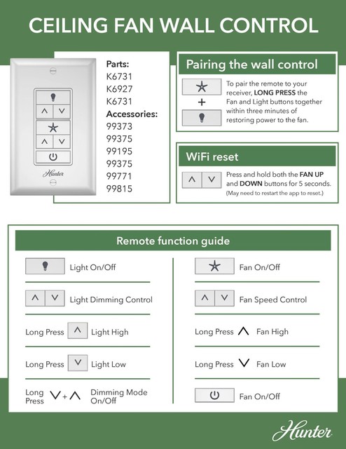 Hunter Geniune Original Ceiling Fan Replacement Wall Control 99373 or ...