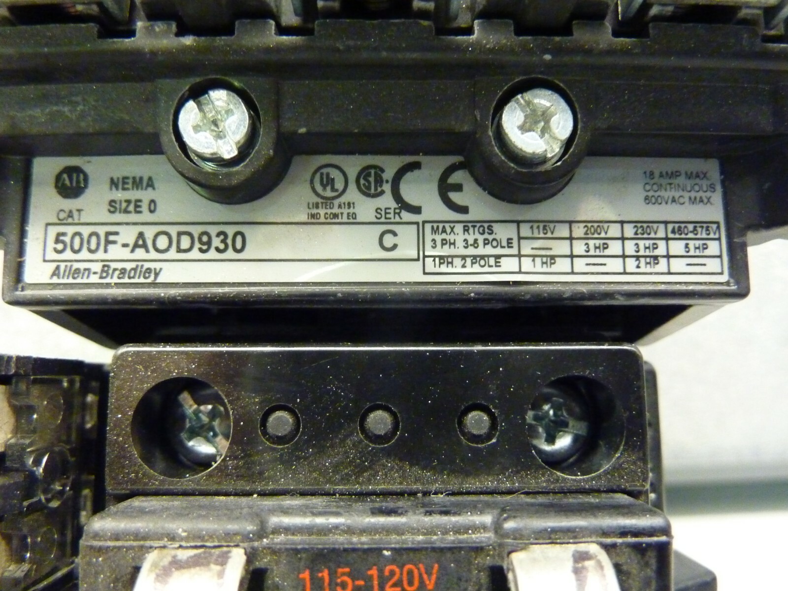 ALLEN BRADLEY 500F-AOD930 NEMA CONTACTOR SER C COIL-CB236 115/120V ...