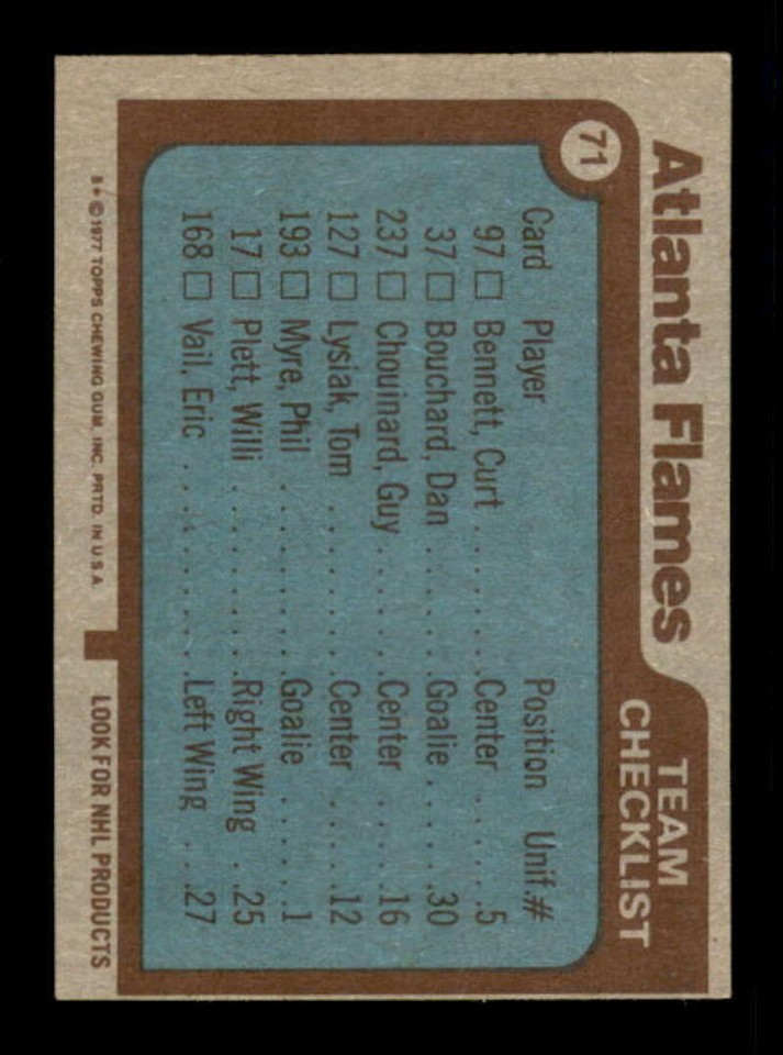 1977-78 Topps #71 Atlanta Flames EXMT/EXMT+ Flames TC 547289 | eBay