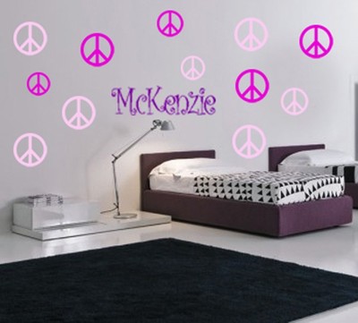 32 PEACE SIGNS & CHILD'S NAME VINYL WALL DECAL STICKER KIDS ROOM DECAL ...