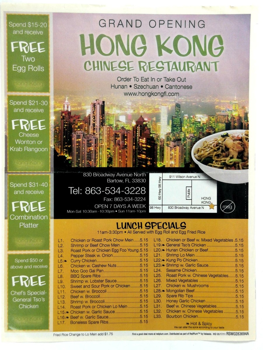 Original Menu Lot Hong Kong Chinese Restaurant Grand