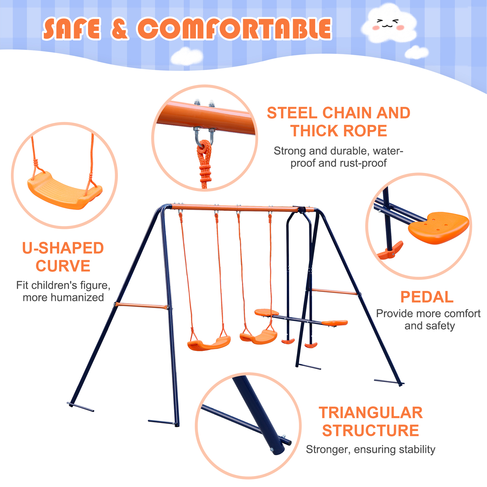 Durable Double Swing Set Garden Swing with 1 Seesaw Set for Children ...