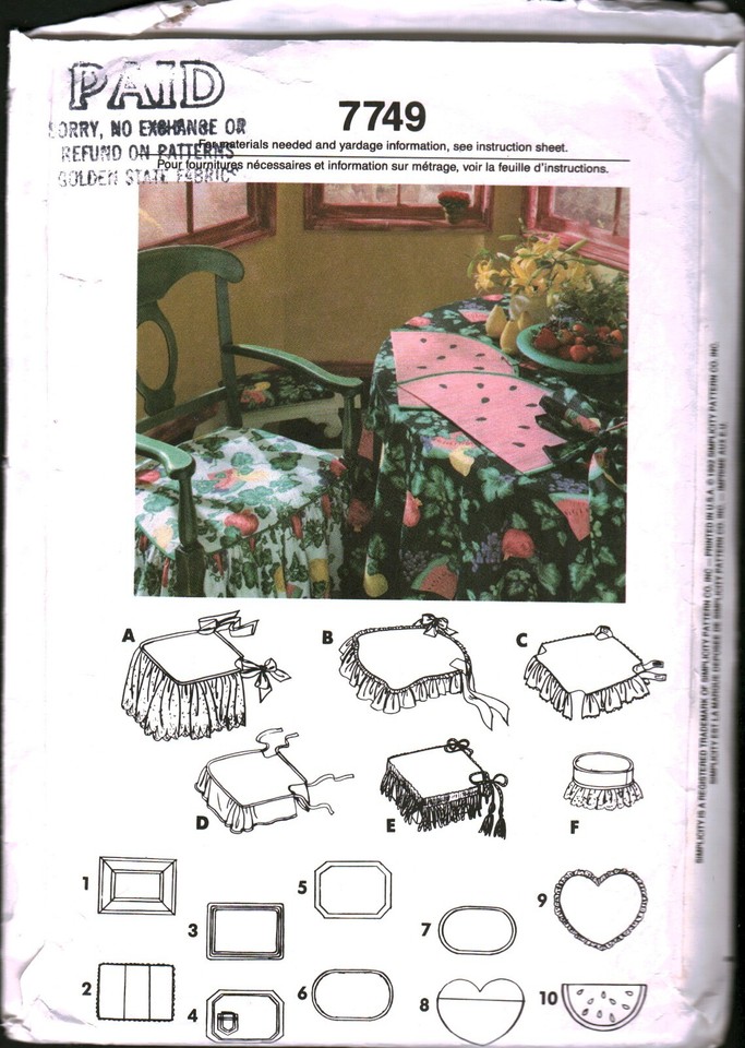 7749 Vintage Simplicity SEWING Pattern Kitchen Chair Pads Placemats ...