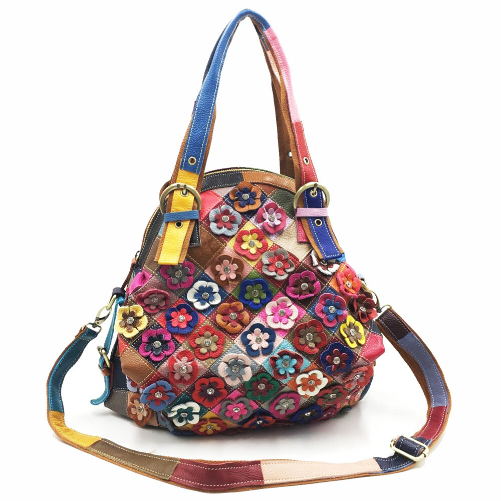 Color Matching Flowers Leather Handbags Multi-color Women's Shoulder ...