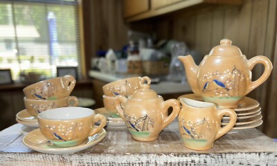 Vtg Lusterware Mini Tea Set 20 Pcs Made Japan Blue Yellow Birds Cherry ...