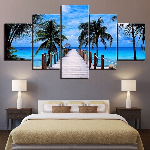 Blue Ocean Palm Tree Sea Beach Seascape Canvas Prints Painting Wall Art ...