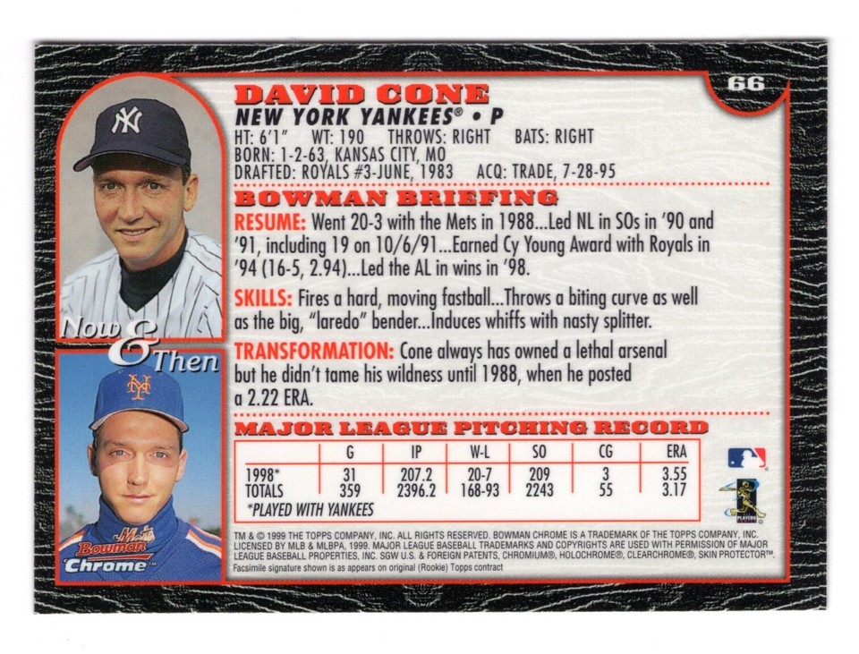 1999 BOWMAN CHROME DAVID CONE CARD #66 **NM-MT** NEW YORK YANKEES | eBay