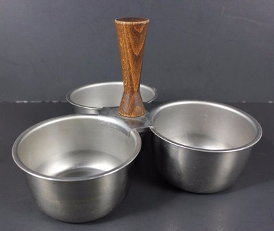 Vintage Mid Century Condiment Holder 3 Stainless Steel Cups Wood Handle ...