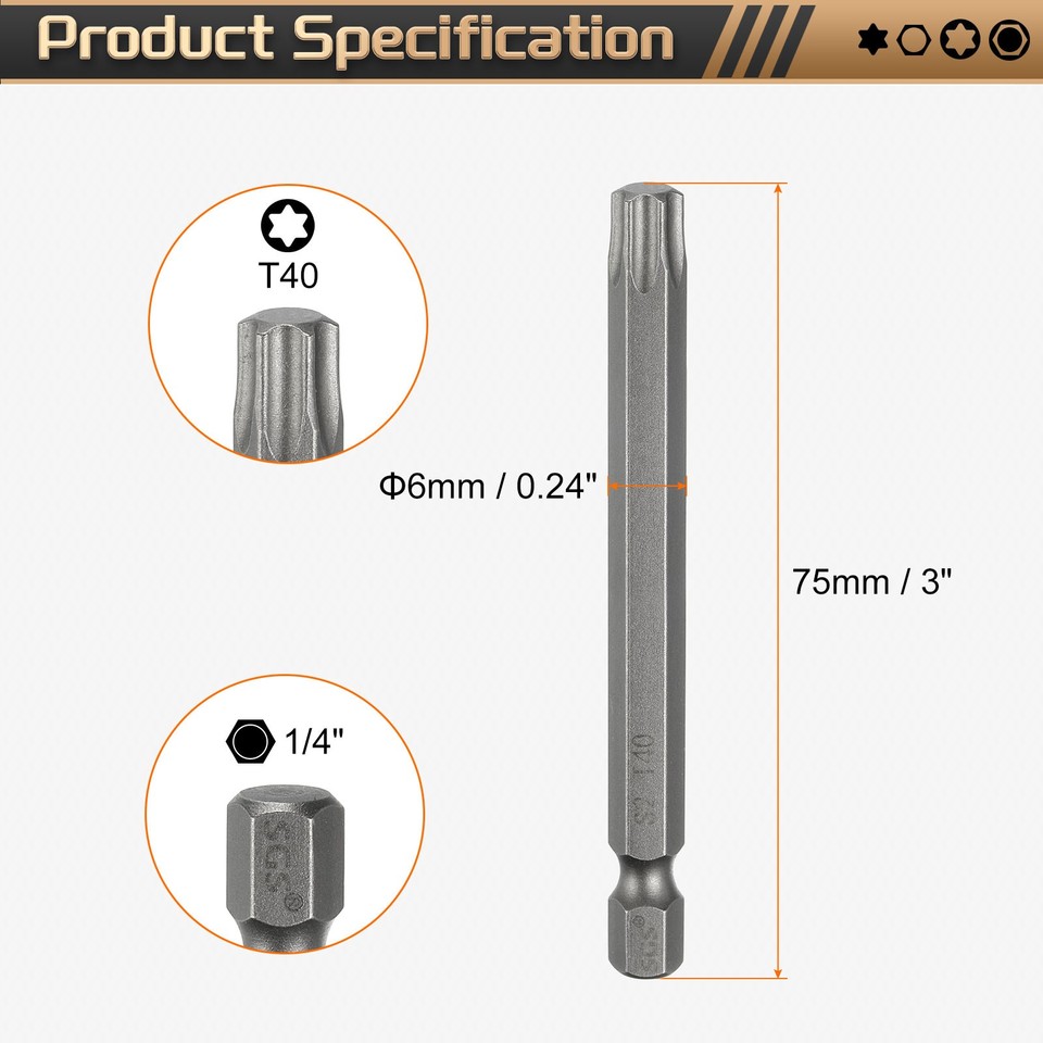 T40 Torx Head Screwdriver Bit 1/4" Hex Shank 3" Long Magnetic No Hole ...