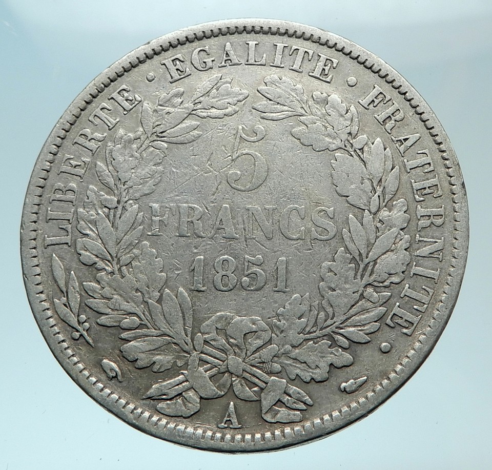 1851 FRANCE Antique LIBERTY Wreath Genuine Silver 5 Franc French Coin ...