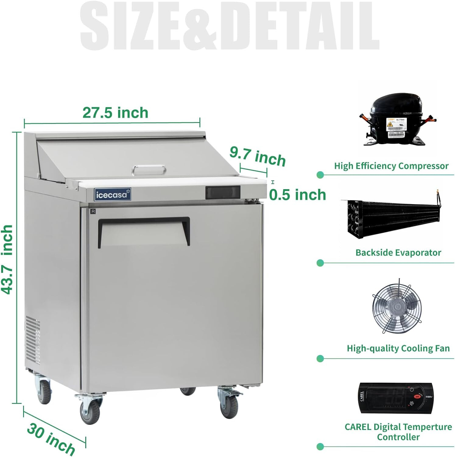 27" Sandwich Prep Table Fridge, ICECASA 1 Door Food Bain Marie Cooler ...