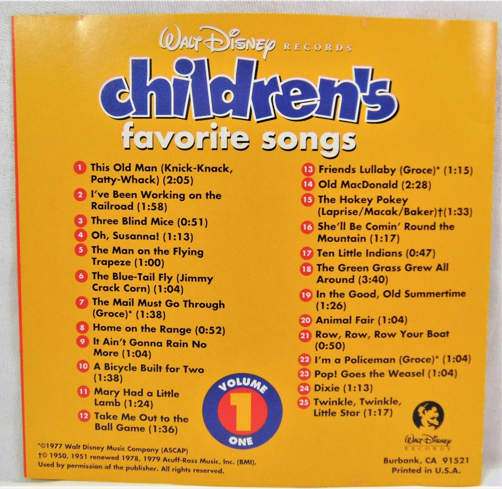 Walt Disney Records Children's Favorite Songs Volume 1 CD Album 25 ...