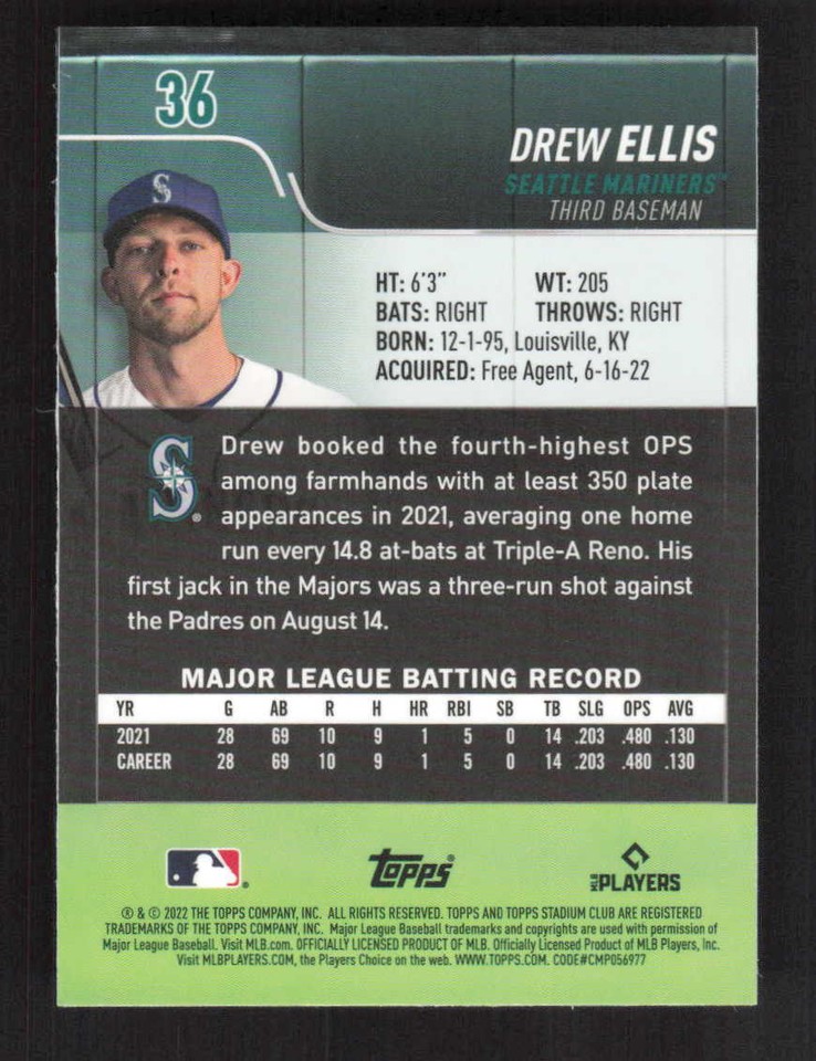 Drew Ellis RC 2022 Stadium Club Chrome Seattle Mariners #36 | eBay