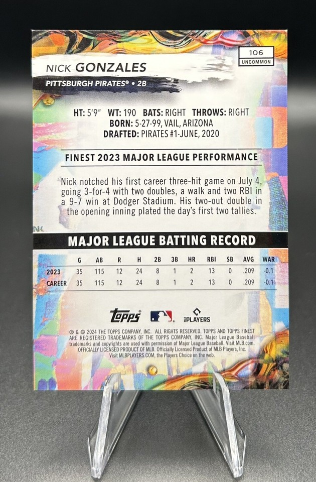 2024 Topps Finest Nick Gonzales Uncommon Sky Blue Refractor /250 #106 ...