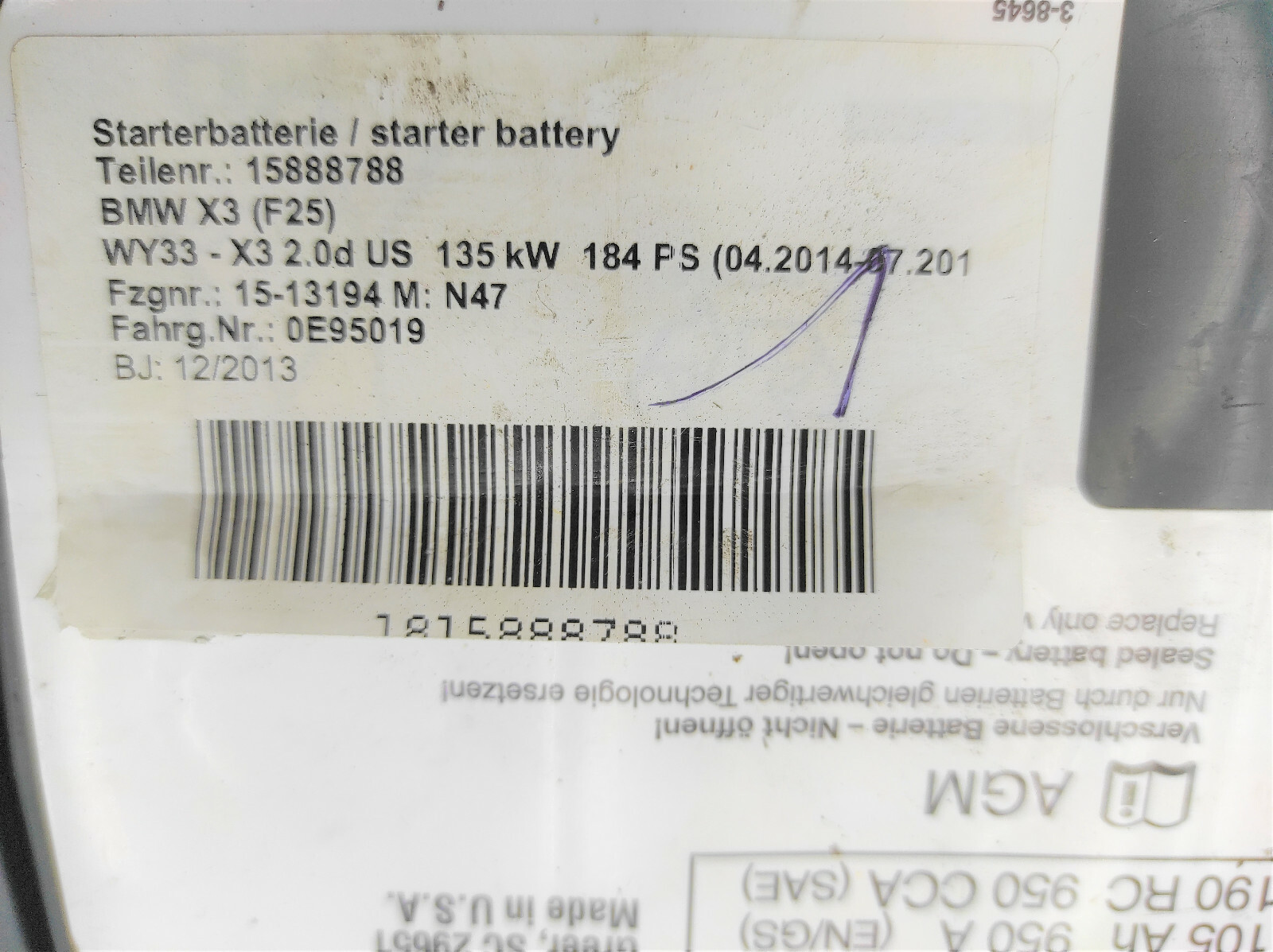 OEM BMW X3 F25, X4 F26, X5 E70, F15, X6 E71, F16,F86 - AGM-Battery ...