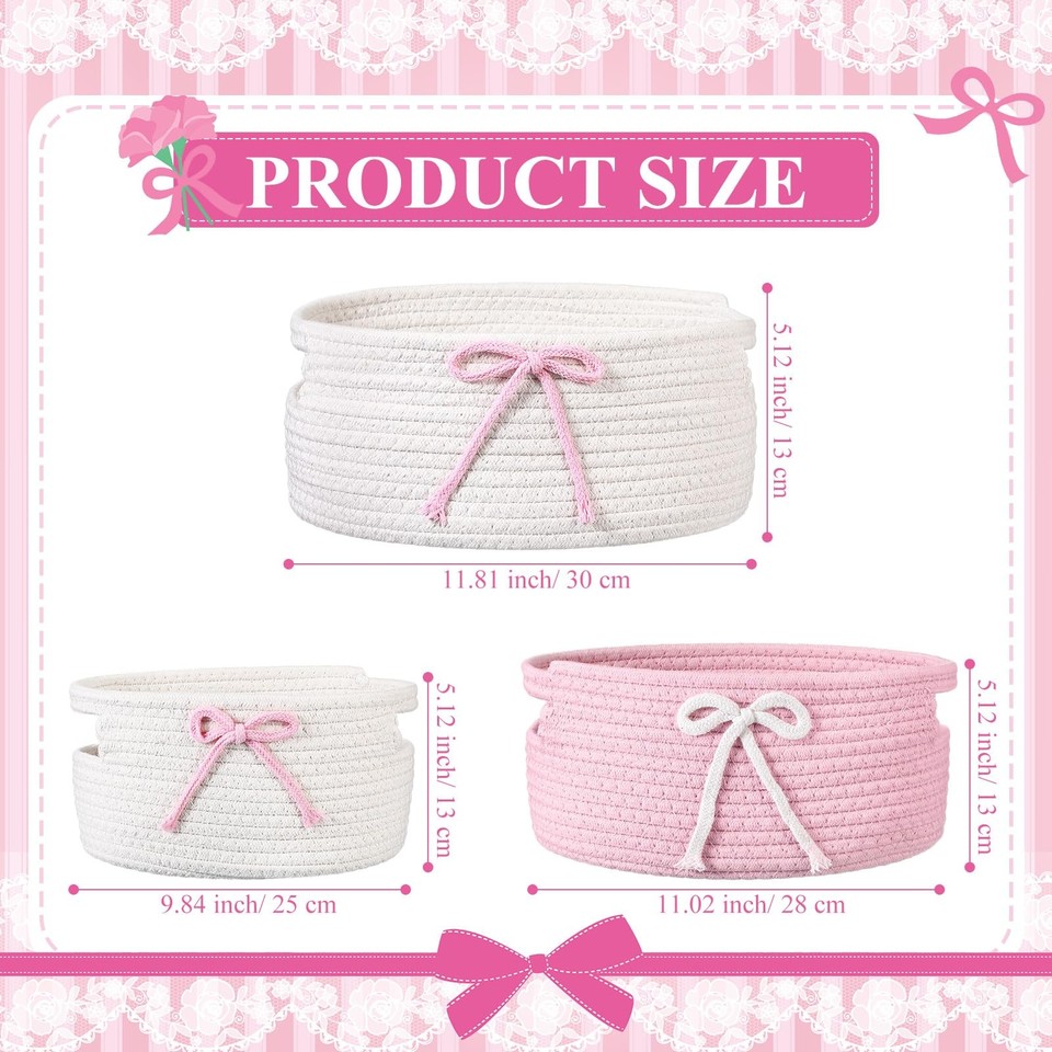 3 Pieces Coquette Bow Laundry Hamper Cotton Rope Storage Basket Bow ...