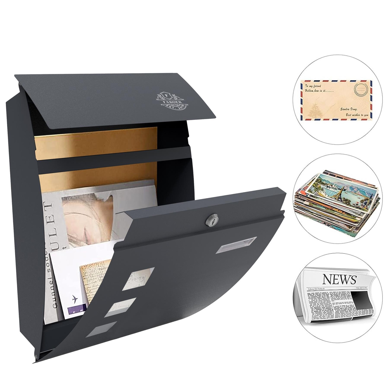 Faboer Large Mailbox Steel Wall-Mounted Curved Letterbox Key Lock ...