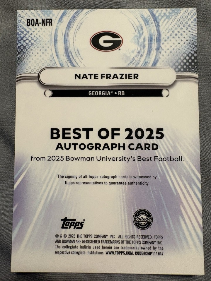 NATE FRAZIER 2025 BOWMAN’S BEST BEST OF 2025 REFRACTOR AUTO RC ROOKIE ...