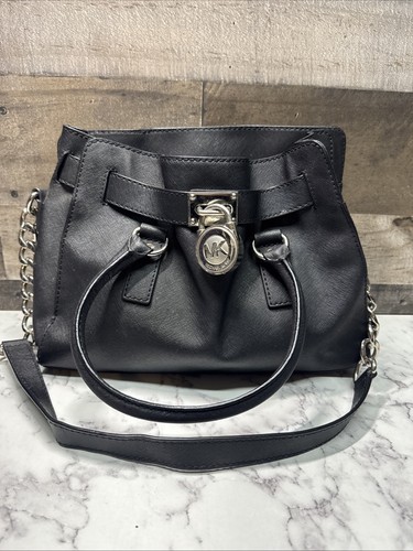 Michael Kors Hamilton Purse / Bag Soft Black Leather With Pad Lock ...