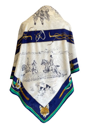 Vintage Equestrian Silk Scarf Fox Hunting Scene Horses Hounds Horns # ...