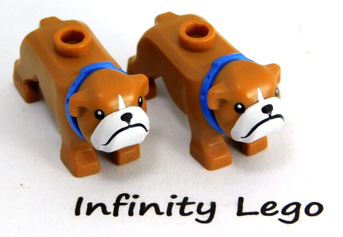 2 LEGO Bulldog Dogs Minifig Animal Dark Medium Dark Flesh with Blue ...