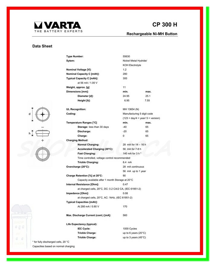 batteria pila bottone cella VARTA CP300H 55630 ricaricabile NiMH 1,2v ...