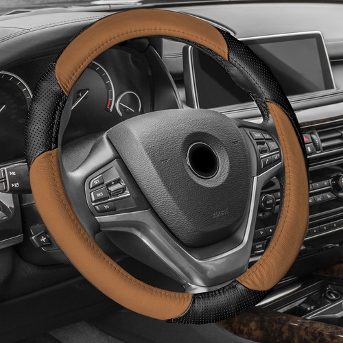 Perforated Genuine Leather Steering Wheel Cover - Brown Fits 14.5" - 15 ...