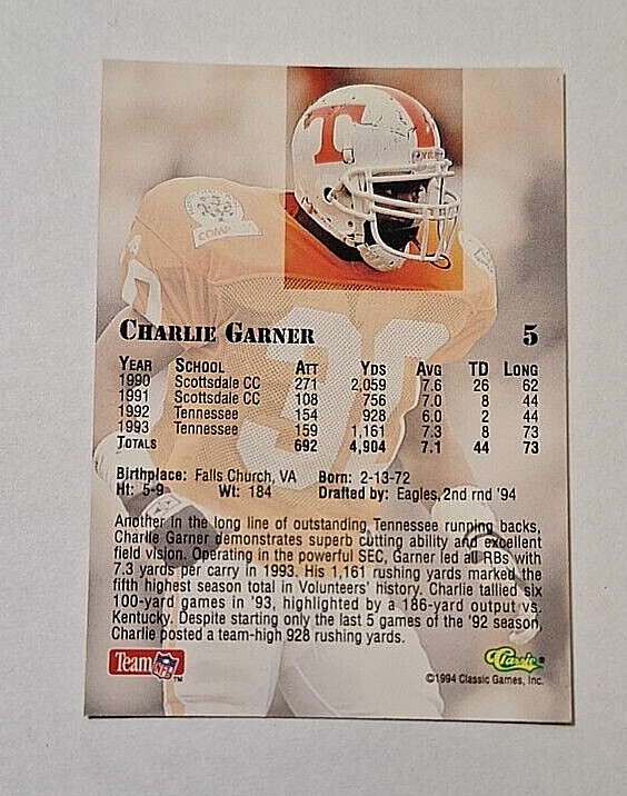1994 Classic Draft '94 #5 Charlie Garner Rc Philadelphia Eagles Fan ...
