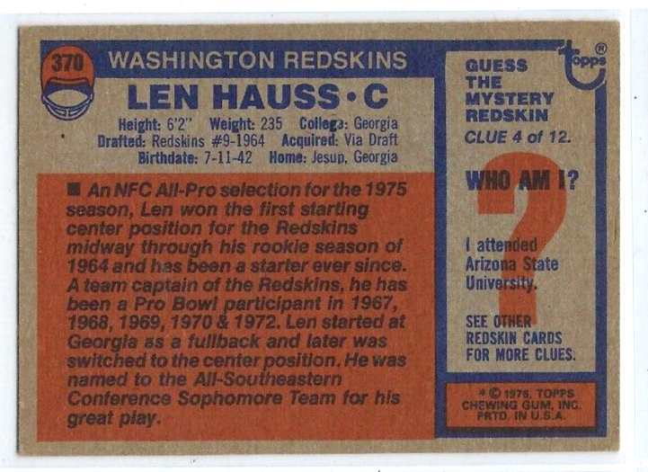 1976 Topps Football #370 - Len Hauss - All Pro - Washington Redskins | eBay